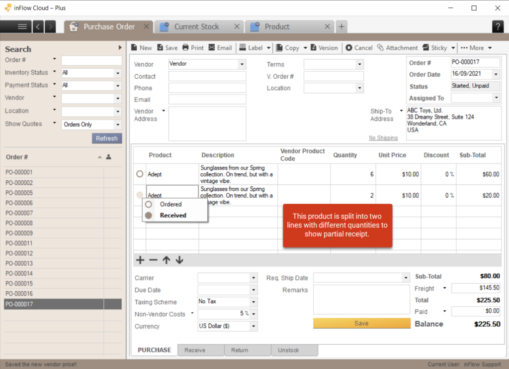 How to partially receive products on a purchase order - inFlow Inventory